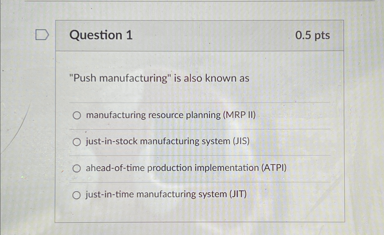 Solved Question 10.5pts"Push manufacturing" is also known | Chegg.com