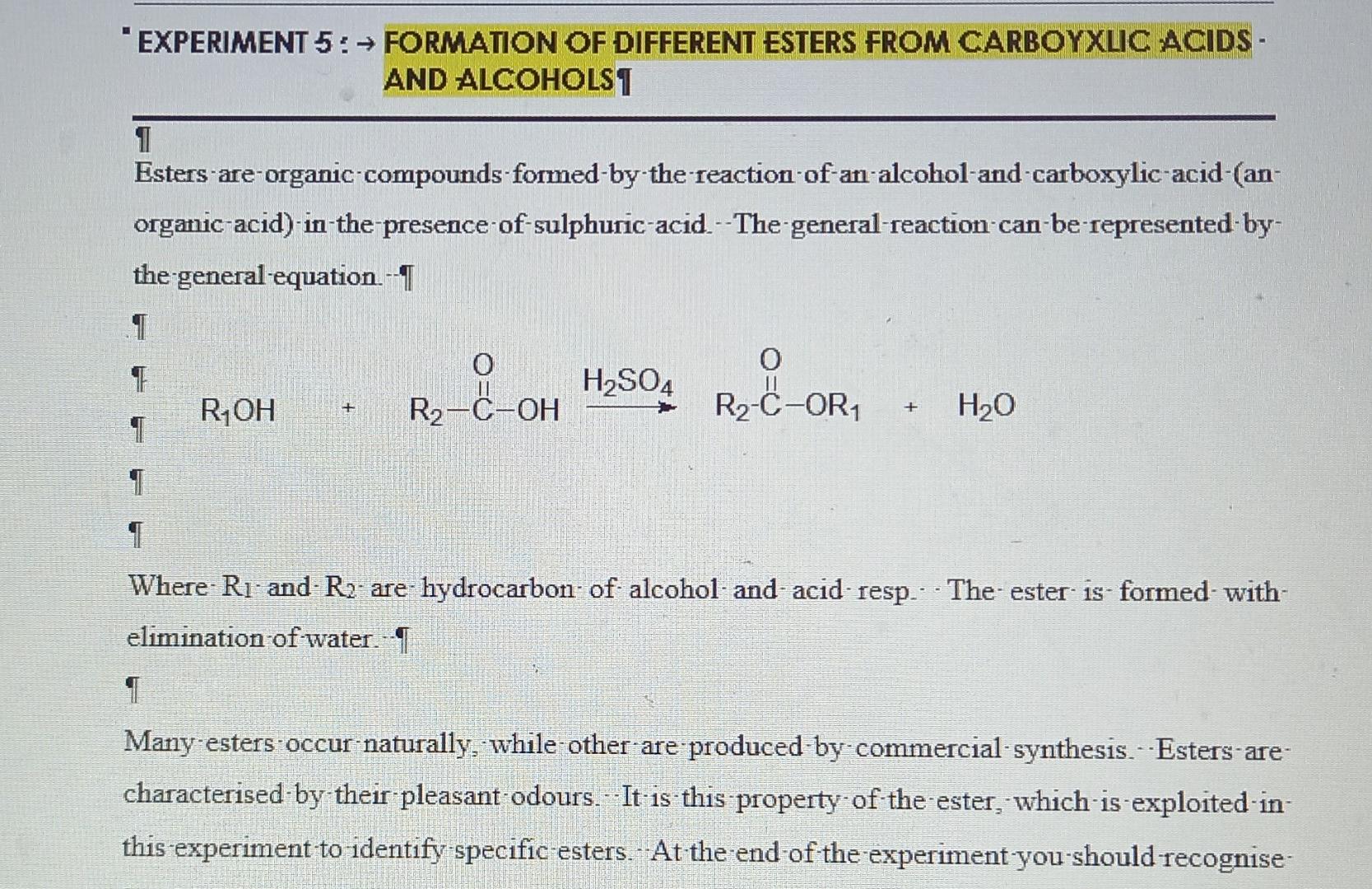 Solved EXPERIMENT 5 : - FORMATION OF DIFFERENT ESTERS FROM | Chegg.com