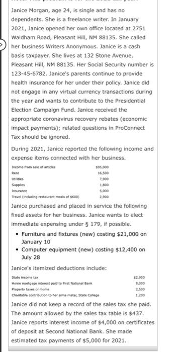 Solved Janice Morgan, age 24 , is single and has no | Chegg.com