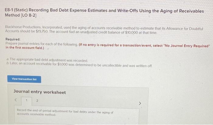 Solved E8-1 (Static) Recording Bad Debt Expense Estimates | Chegg.com