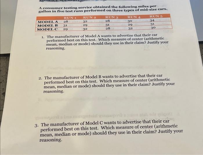 Solved A consumer testing service obtained the following | Chegg.com