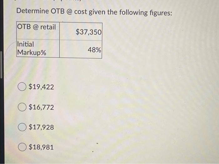Solved Determine OTB @ cost given the following figures: OTB | Chegg.com