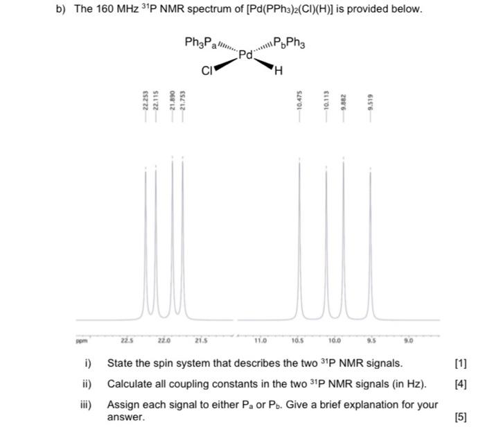 Solved b) The 160 MHz 31P NMR spectrum of [Pd(PPh3)2(CI)(H)) | Chegg.com