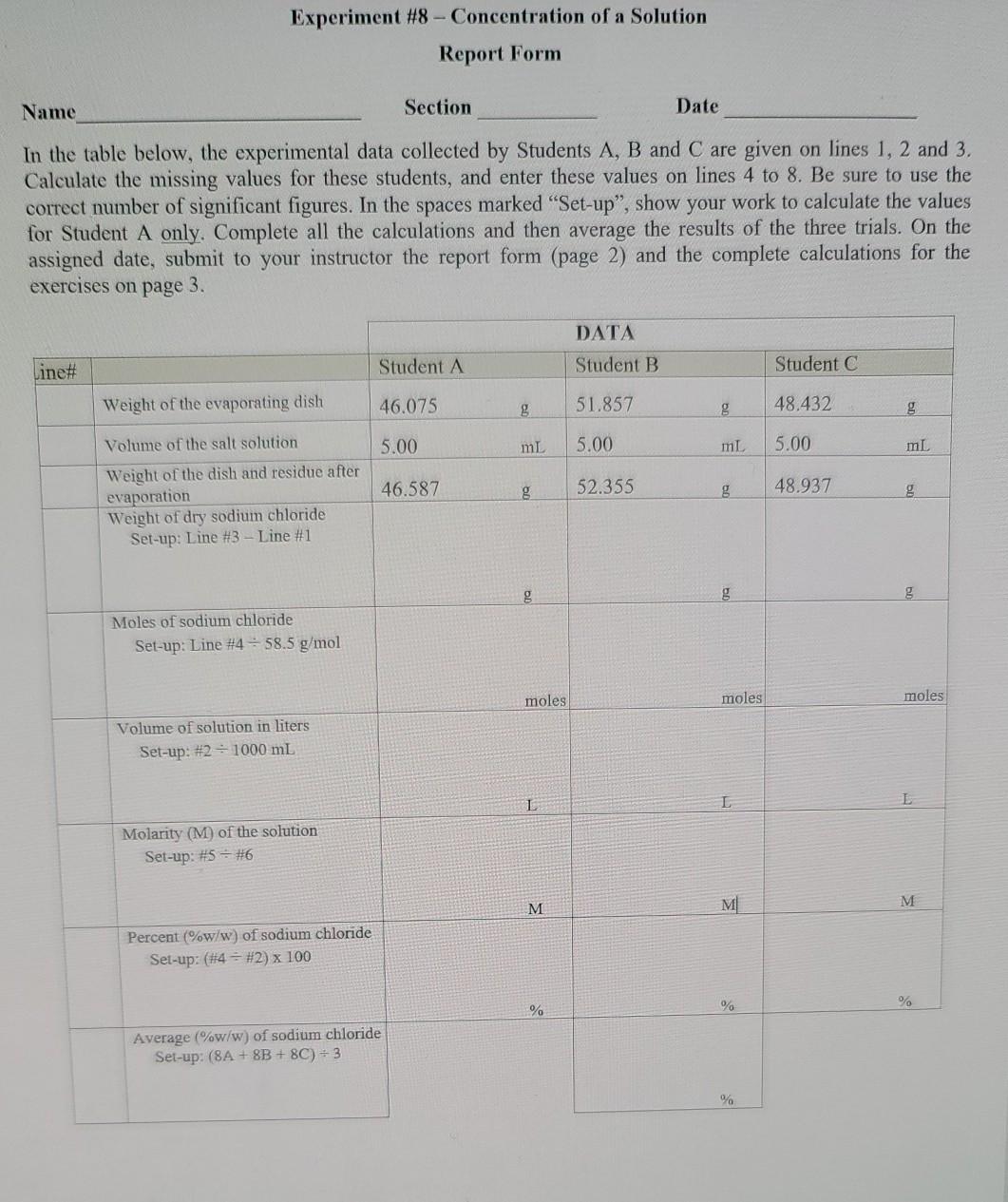 Solved Experiment #8 - Concentration of a Solution Report | Chegg.com
