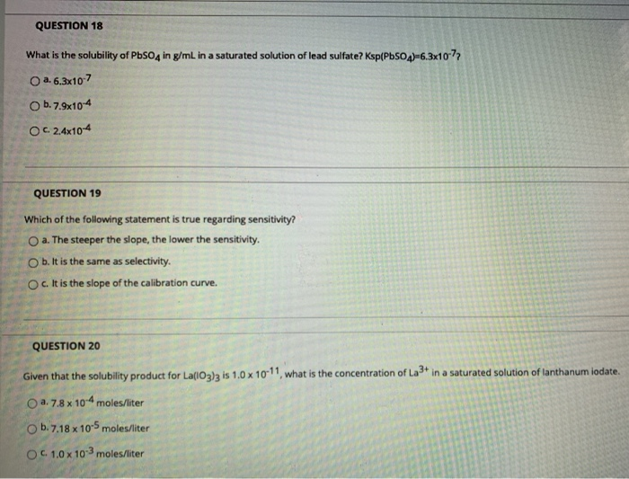 Solved QUESTION 18 What is the solubility of PbSO4 in g/mL | Chegg.com