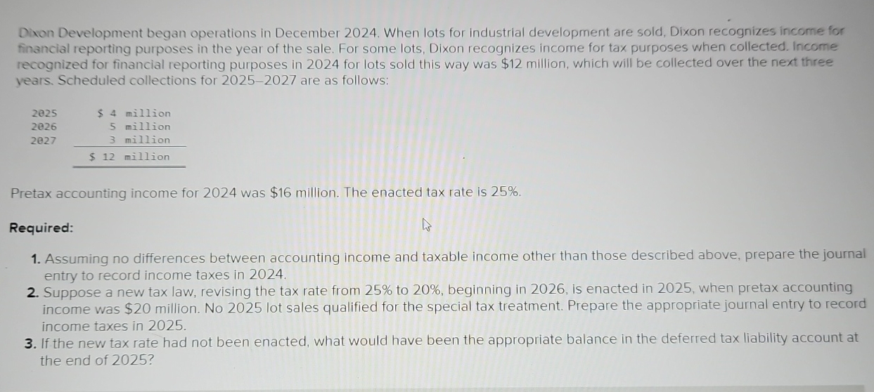 Solved Dixon Development began operations in December 2024. | Chegg.com
