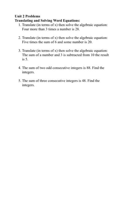 Solved Unit 2 Problems Translating and Solving Word | Chegg.com