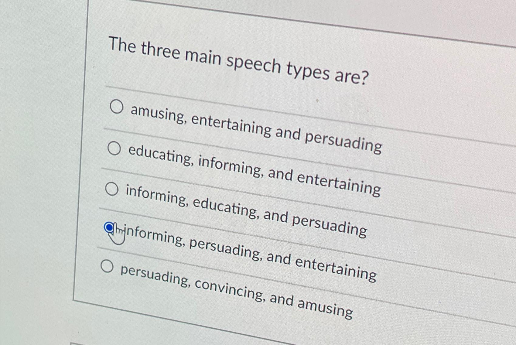 Solved The three main speech types are?amusing, entertaining | Chegg.com