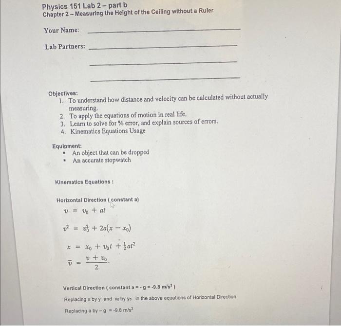Solved Physics Lab (Phy 151) Lab 2 (part a) Chapter | Chegg.com