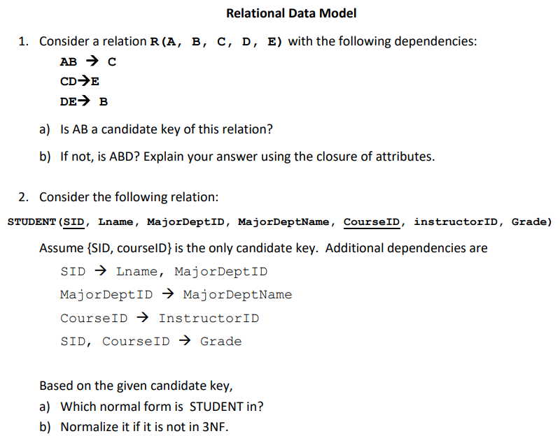 Solved Relational Data ModelConsider a relation R(A,B,C,D,E) | Chegg.com