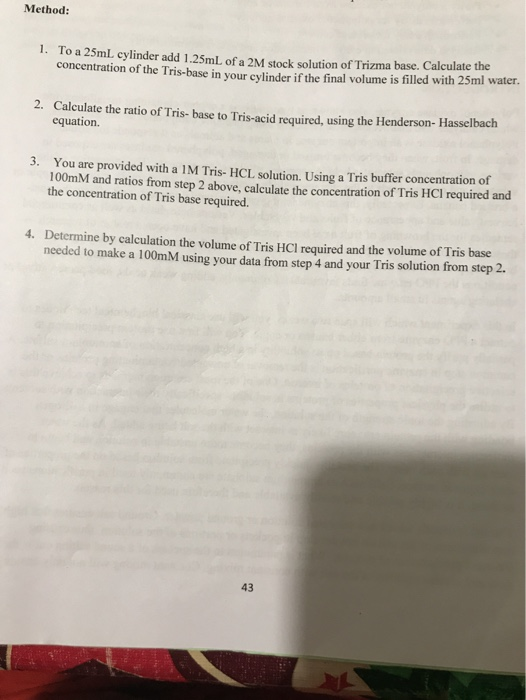 Solved Method: 1. To a 25mL cylinder add 1.25mL of a 2M | Chegg.com