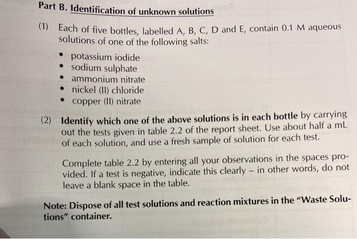 Solved Part B. Identification of unknown solutions (1) Each | Chegg.com