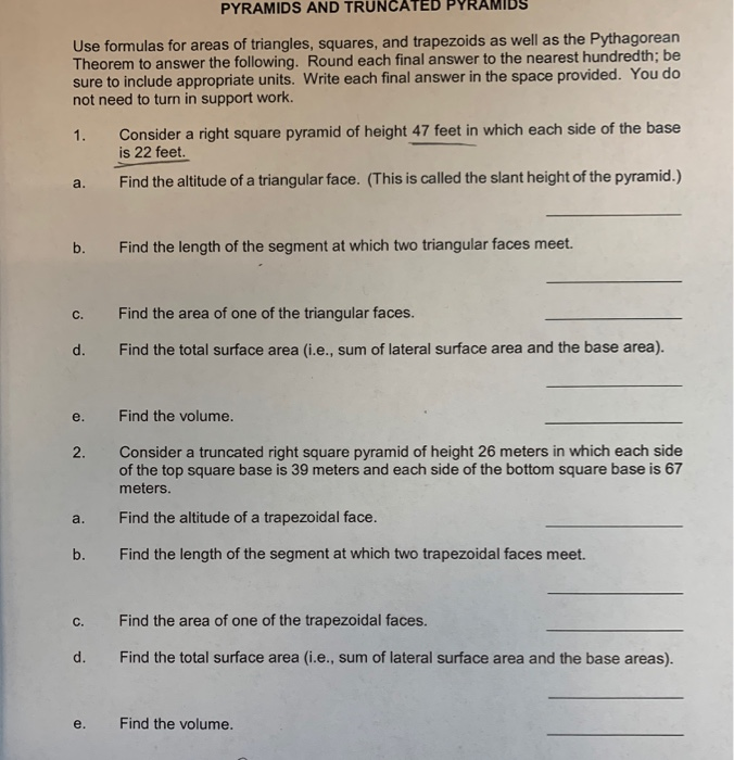 Solved PYRAMIDS AND TRUNCATED PYRAMIDS Use formulas for | Chegg.com