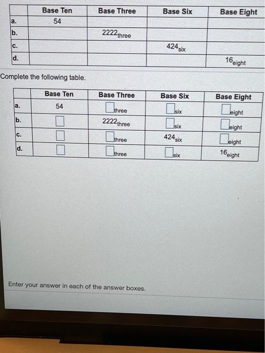 Solved Base Three Base Six Base Ten 54 Base Eight a. b. | Chegg.com