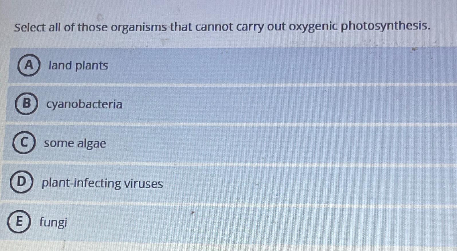 Solved Select all of those organisms that cannot carry out | Chegg.com