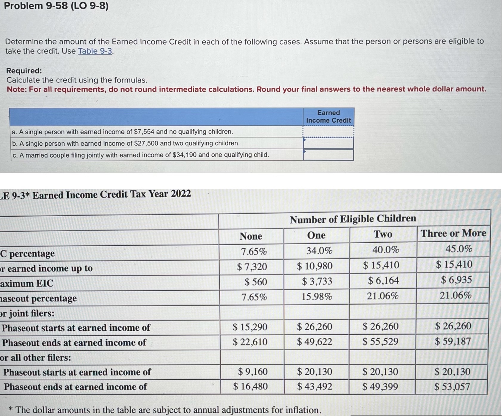 Solved Determine the amount of the Earned Income Credit in | Chegg.com