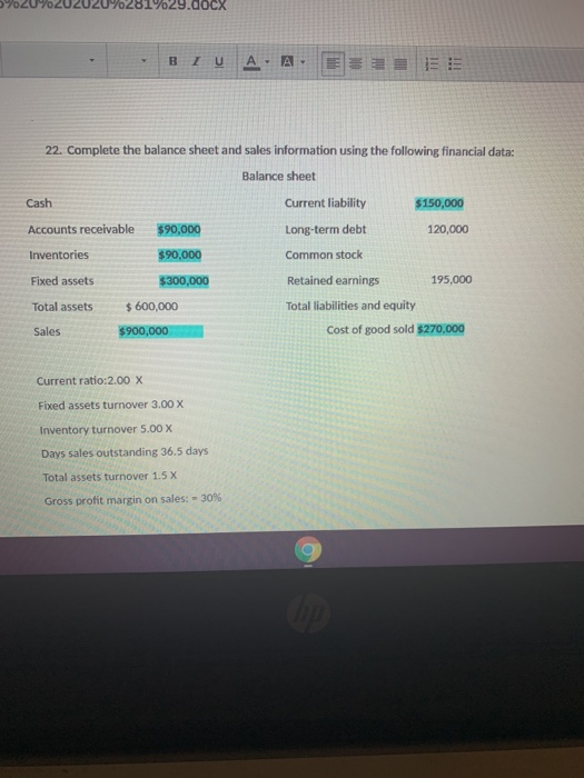 Solved 1%29.docx BIU A - A- 22. Complete the balance sheet | Chegg.com