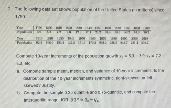 Solved The following data set shows population of the United | Chegg.com