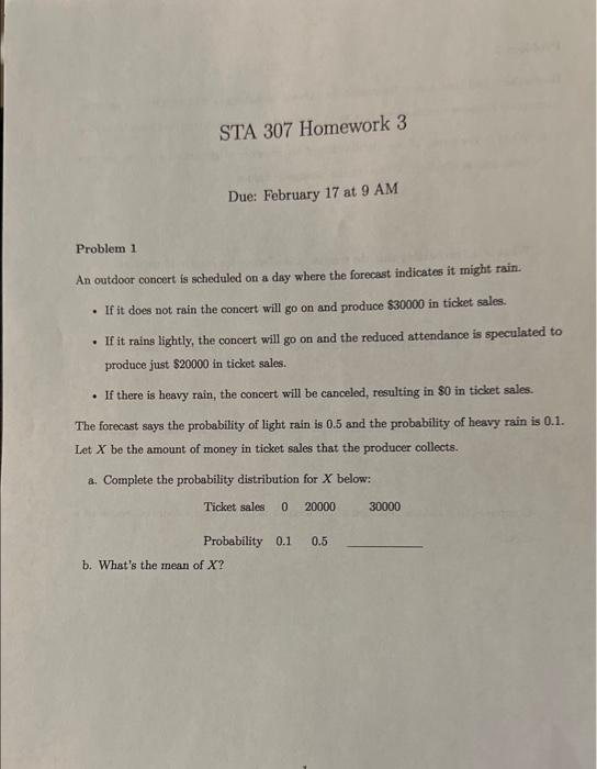 Solved STA 307 Homework 3 Due: February 17 at 9 AM Problem 1 | Chegg.com