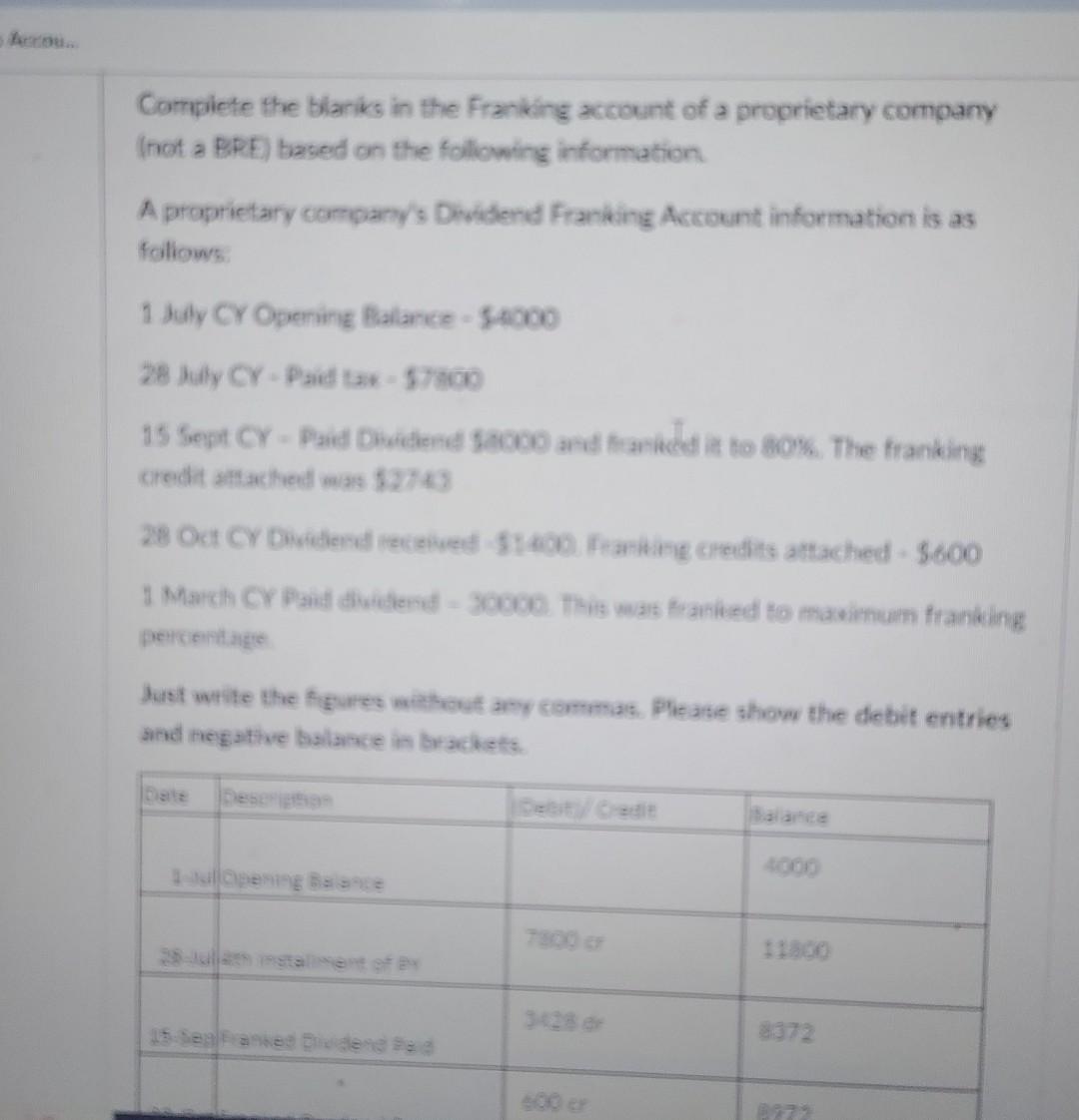 Compicte the blariks in the Franking account of a | Chegg.com