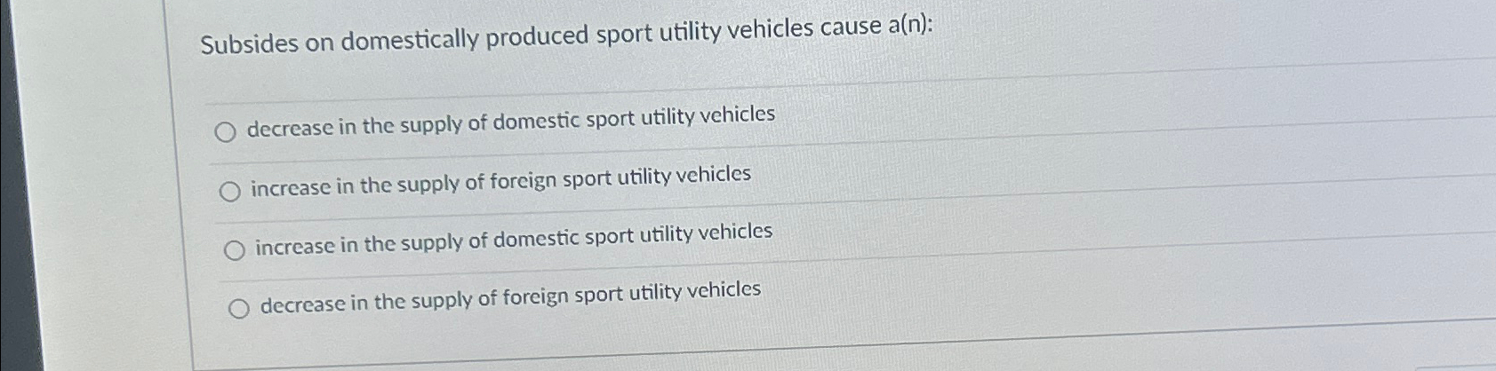 Solved Subsides on domestically produced sport utility | Chegg.com
