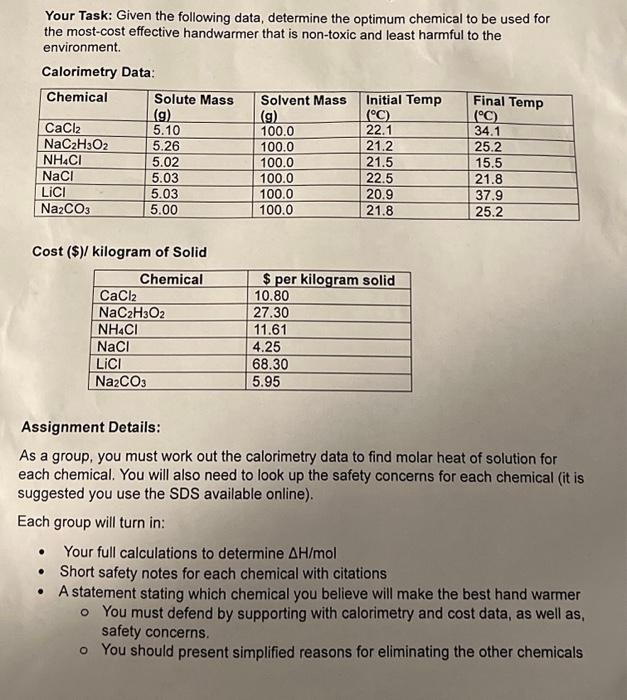 Solved Your Task: Given the following data, determine the | Chegg.com