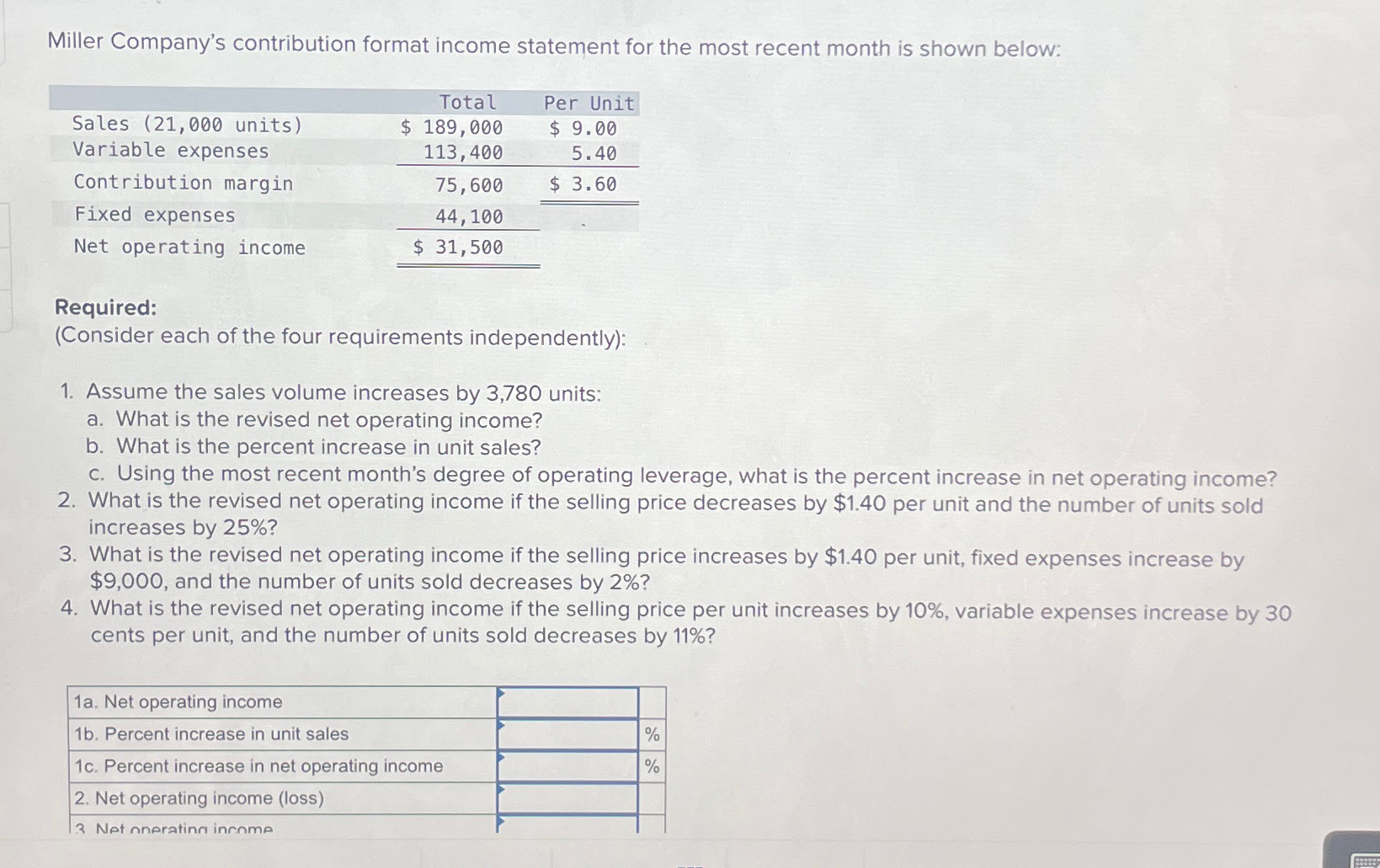 Miller Companys Contribution Format Income Statement