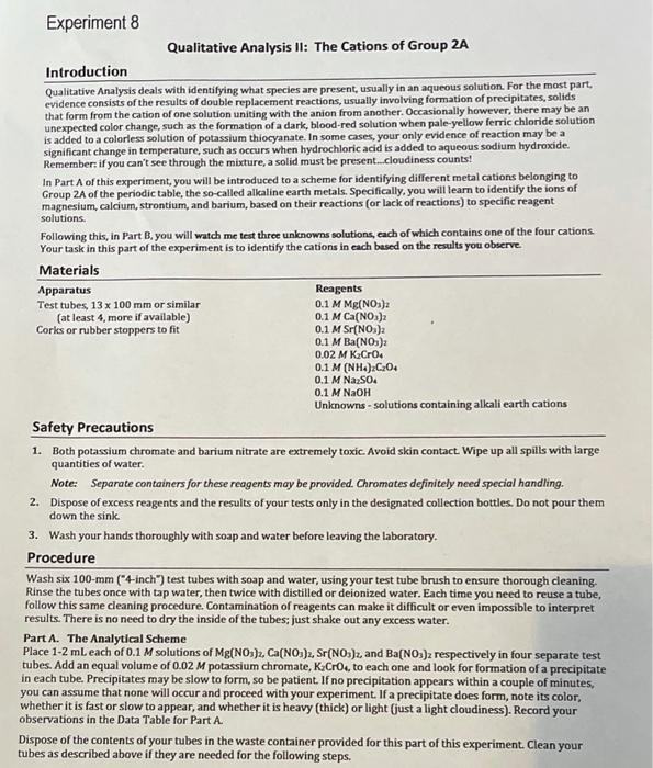 Experiment 8 Qualitative Analysis II: The Cations of | Chegg.com