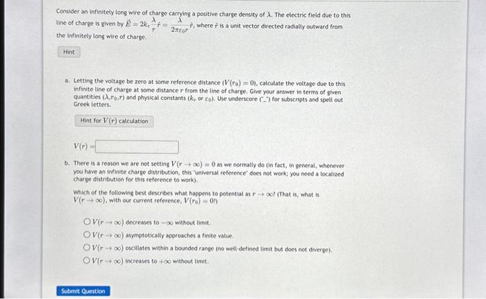 Solved Consider an infinitely long wire of charge carrying a | Chegg.com