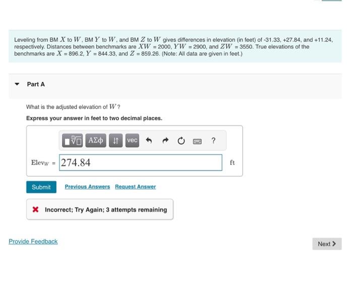 Solved Leveling from BM X to W,BMY to W, and BM Z to W gives | Chegg.com