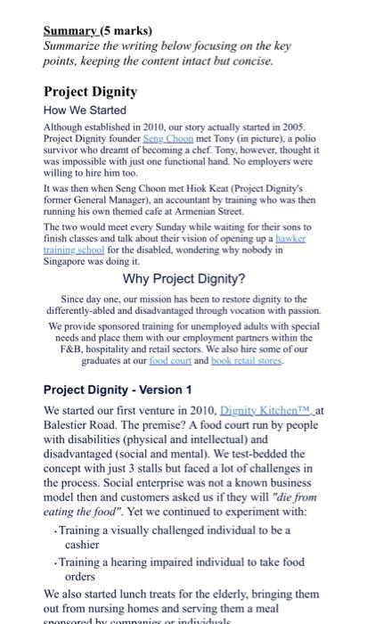 Summary(5 marks) Summarize the writing below focusing | Chegg.com