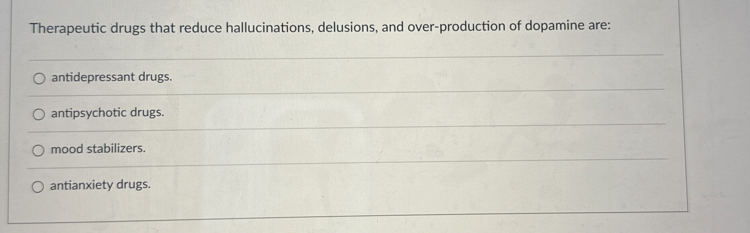 Solved Therapeutic drugs that reduce hallucinations, | Chegg.com