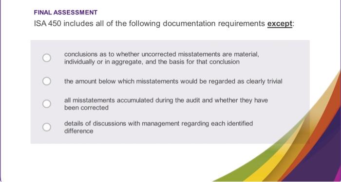 Solved FINAL ASSESSMENT ISA 450 includes all of the | Chegg.com