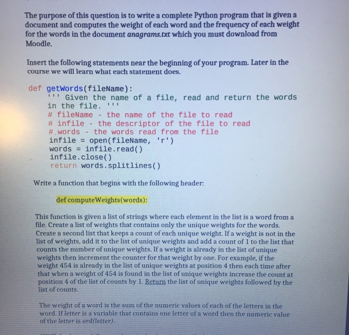 Solved Purpose Question Write Complete Python Program Given Document Computes Weight Word