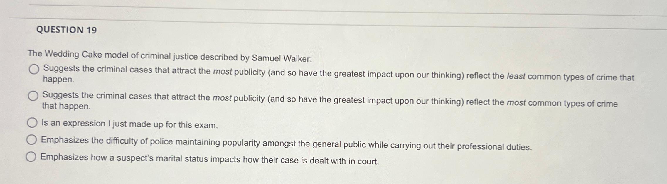 Solved QUESTION 19The Wedding Cake model of criminal justice | Chegg.com