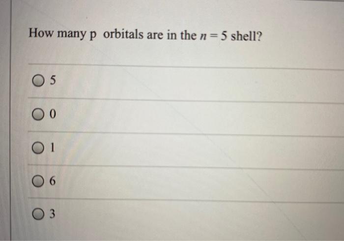 Solved How many p orbitals are in the n=5 shell? 5 00 0 1 6 | Chegg.com