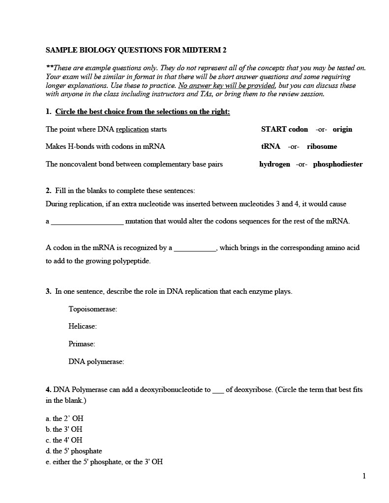 Solved SAMPLE BIOLOGY QUESTIONS FOR MIDTERM 2**These are | Chegg.com