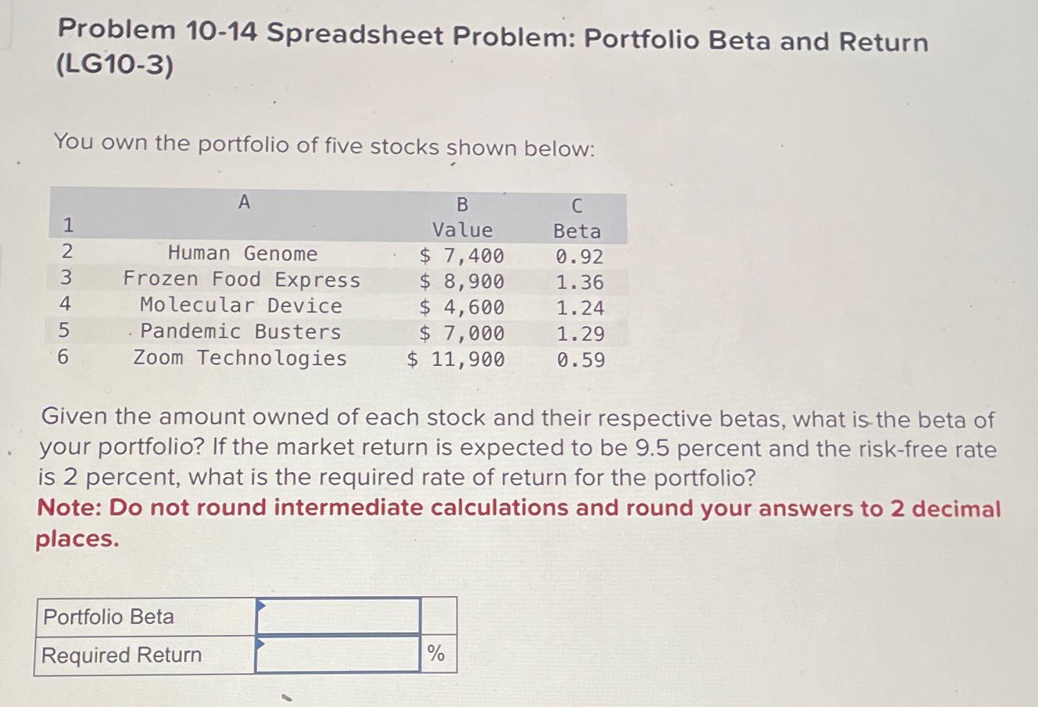 Solved Problem 10-14 ﻿Spreadsheet Problem: Portfolio Beta | Chegg.com