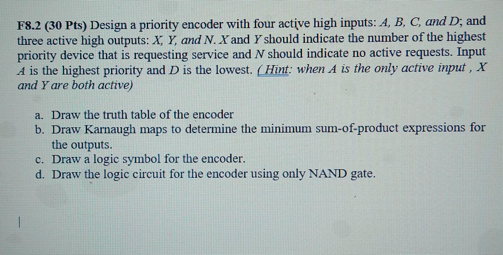 Solved F8.2 (30 Pts) Design a priority encoder with four | Chegg.com