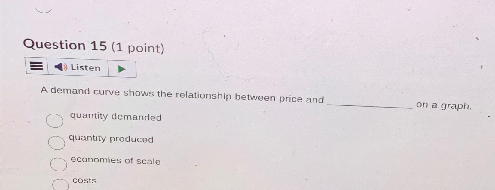 Solved Question 15 (1 ﻿point)ListenA demand curve shows the | Chegg.com