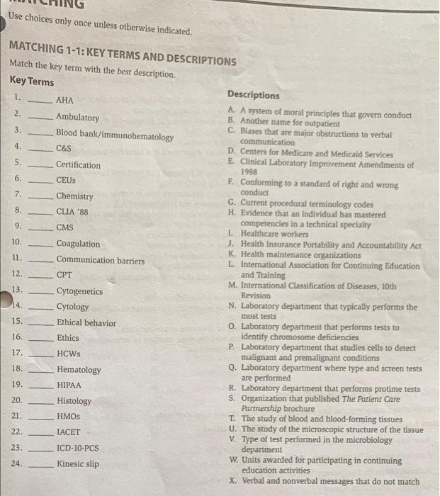Solved Use choices only once unless otherwise indicated. . | Chegg.com