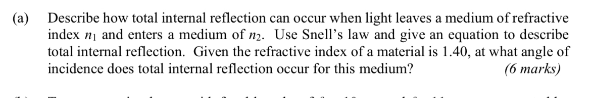 Solved (a) ﻿Describe how total internal reflection can occur | Chegg.com