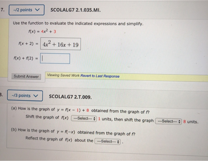 Solved -12 points V SCOLALG7 2.1.035.MI. Use the function to | Chegg.com