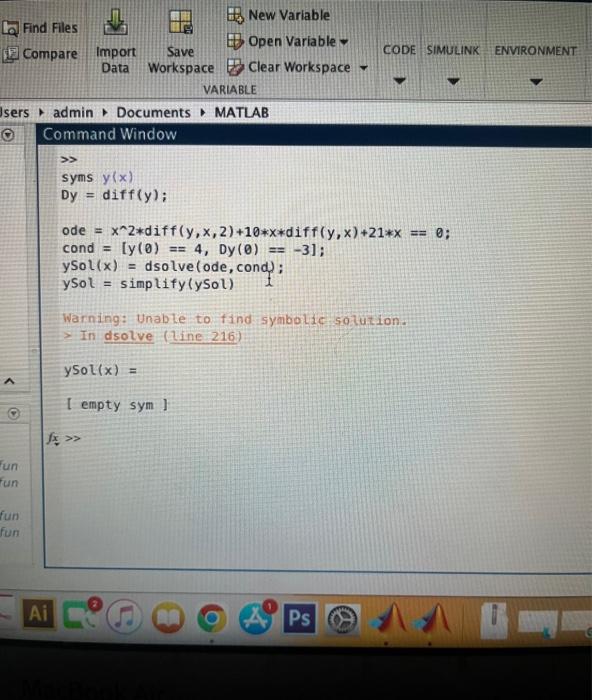 Solved syms y(x) Dy =diff(y) ode | Chegg.com