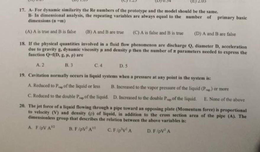 Solved 17. A- For dynamic similarity the Re numbers of the | Chegg.com