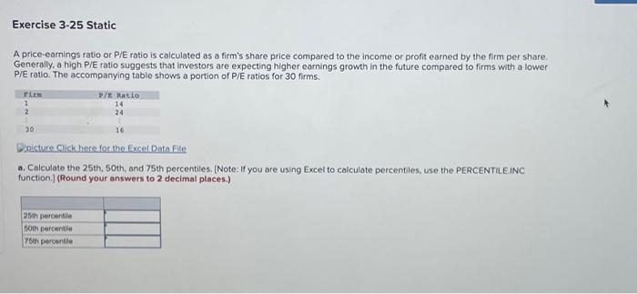 Exercise 3-25 Static A price-earnings ratio or P/E | Chegg.com