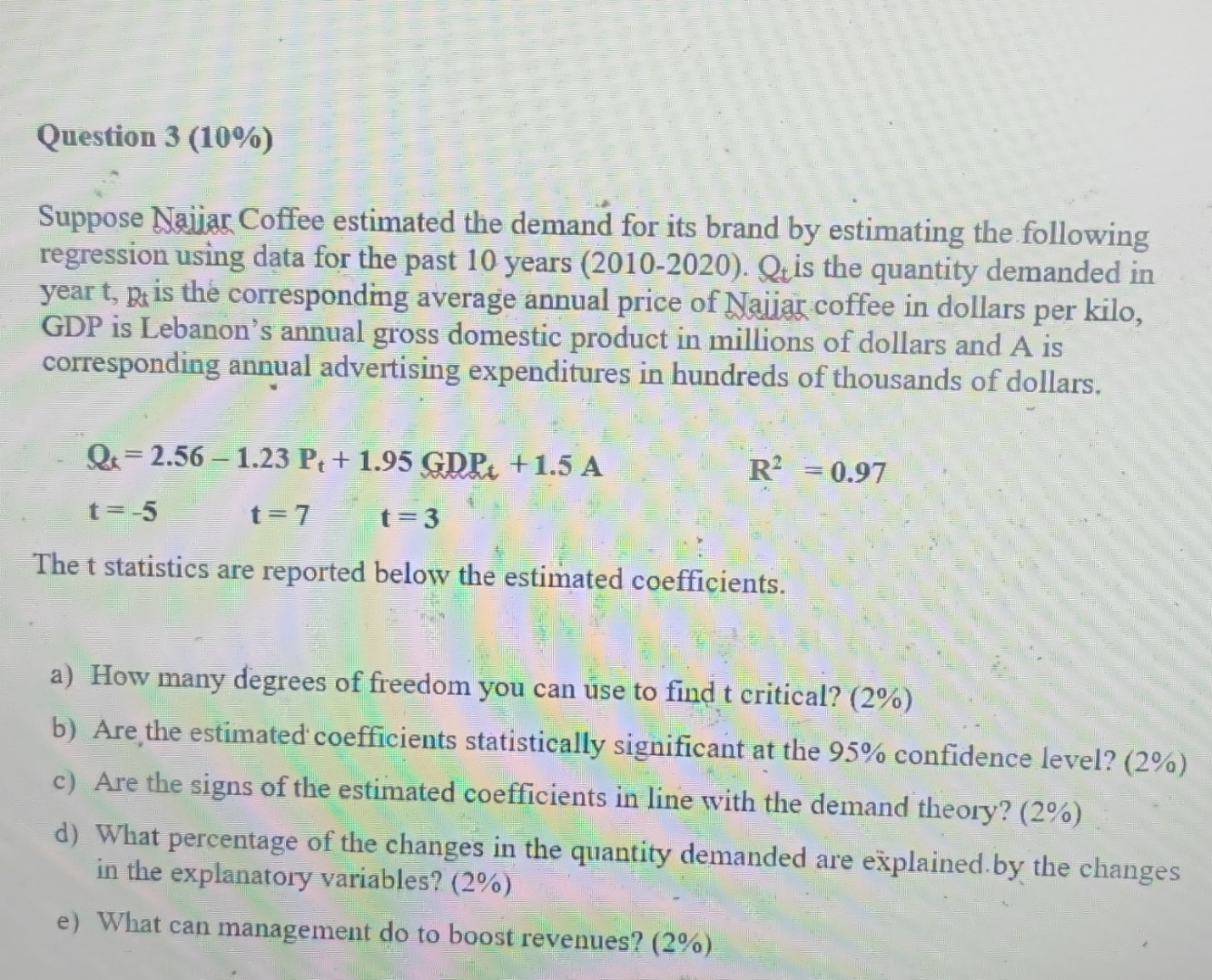 Solved Question 3 (10%)Suppose Najiar Coffee estimated the | Chegg.com