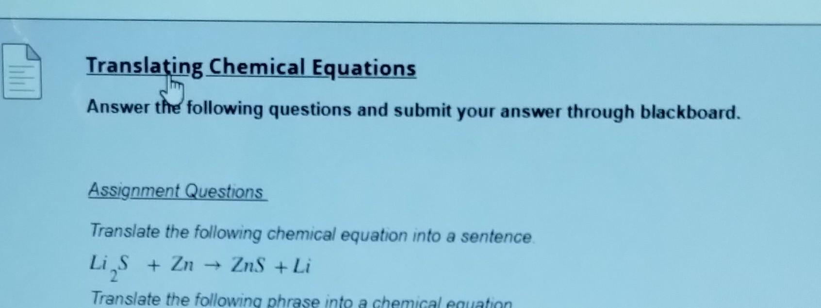 Solved Translating Chemical Equations Answer the following | Chegg.com