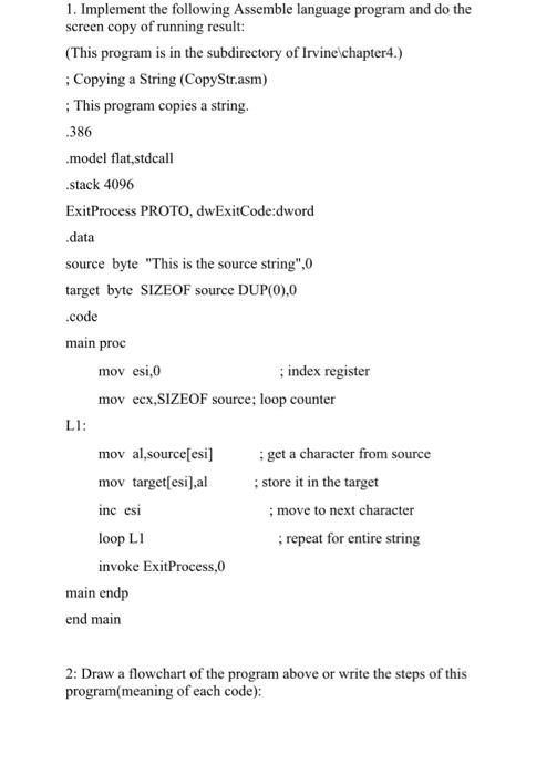 Solved 1. Implement the following Assemble language program | Chegg.com