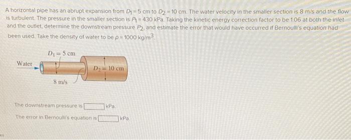 Solved A horizontal pipe has an abrupt expansion from D1=5 | Chegg.com